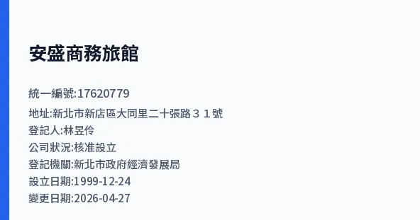 安盛商務旅館的照片-統編 17620779(新北市) 公司登記資料與營業項目詳細圖表