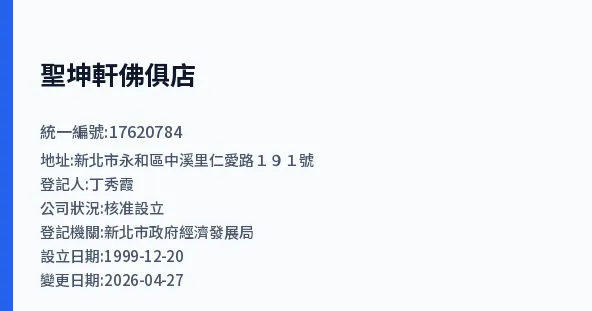 聖坤軒佛俱店的照片-統編 17620784(新北市) 公司登記資料與營業項目詳細圖表