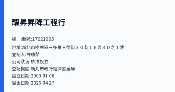 耀昇昇降工程行的照片-統編 17621995(新北市) 公司登記資料與營業項目詳細圖表