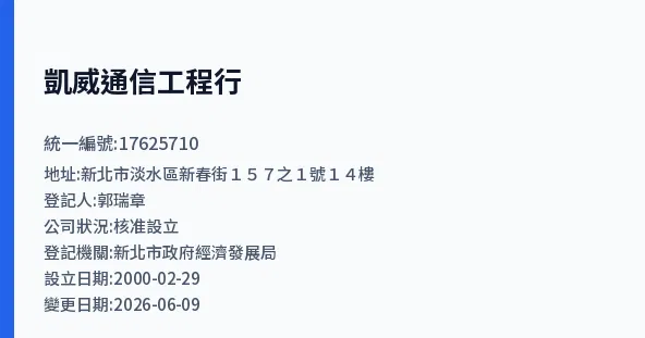 凱威通信工程行的照片-統編 17625710(新北市) 公司登記資料與營業項目詳細圖表