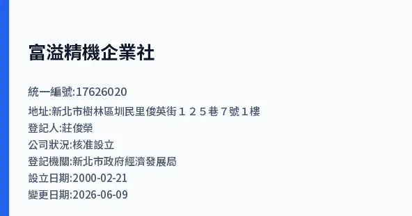 富溢精機企業社的照片-統編 17626020(新北市) 公司登記資料與營業項目詳細圖表