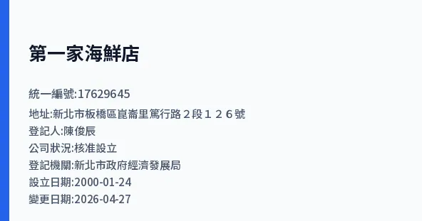 第一家海鮮店的照片-統編 17629645(新北市) 公司登記資料與營業項目詳細圖表