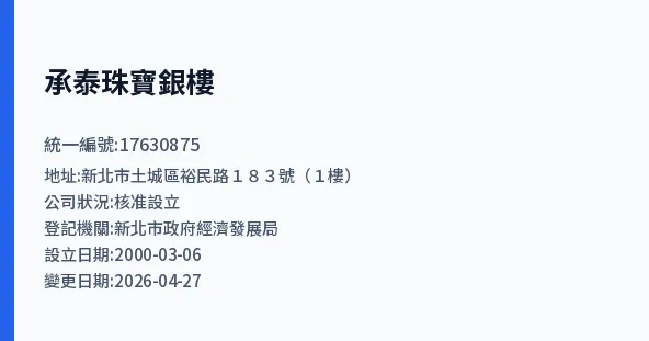 承泰珠寶銀樓的照片-統編 17630875(新北市) 公司登記資料與營業項目詳細圖表