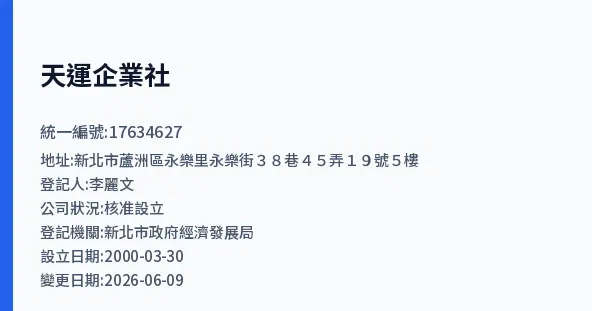 天運企業社的照片-統編 17634627(新北市) 公司登記資料與營業項目詳細圖表