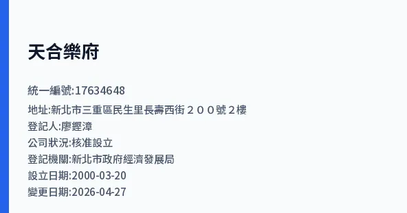 天合樂府的照片-統編 17634648(新北市) 公司登記資料與營業項目詳細圖表