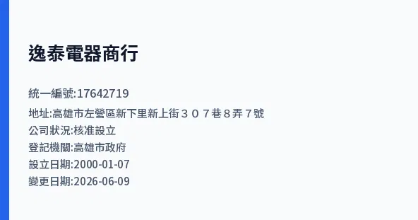 逸泰電器商行的照片-統編 17642719(高雄市) 公司登記資料與營業項目詳細圖表