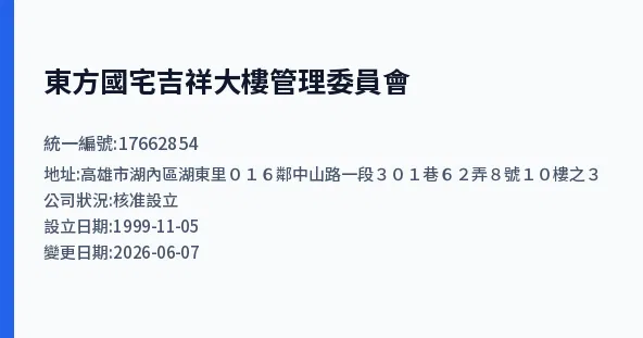 東方國宅吉祥大樓管理委員會的照片-統編 17662854(高雄市) 公司登記資料與營業項目詳細圖表