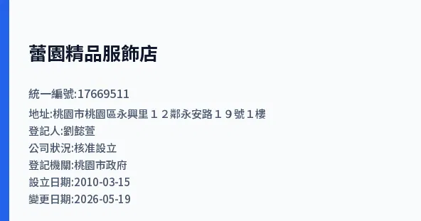 蕾園精品服飾店的照片-統編 17669511(桃園市) 公司登記資料與營業項目詳細圖表