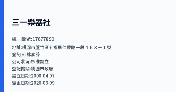 三一樂器社的照片-統編 17677890(桃園市) 公司登記資料與營業項目詳細圖表