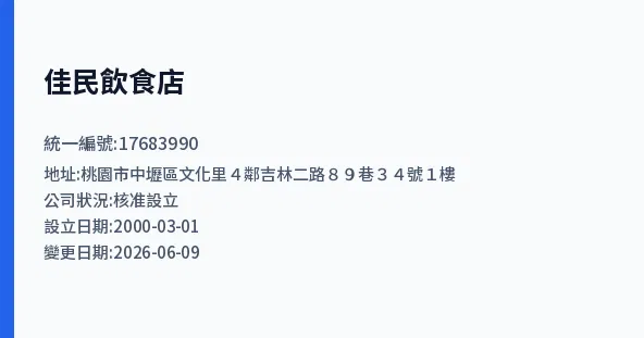 佳民飲食店的照片-統編 17683990(桃園市) 公司登記資料與營業項目詳細圖表
