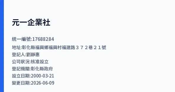 元一企業社的照片-統編 17688284(彰化縣) 公司登記資料與營業項目詳細圖表