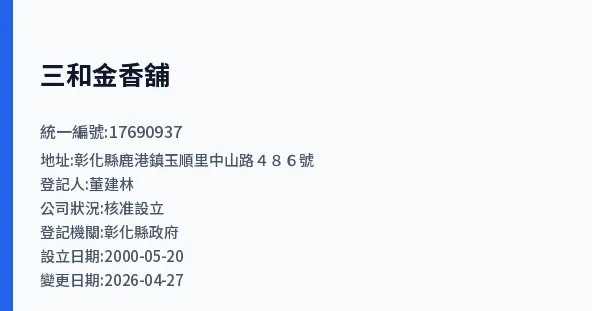 三和金香舖的照片-統編 17690937(彰化縣) 公司登記資料與營業項目詳細圖表