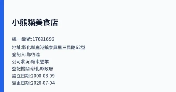 小熊貓美食店的照片-統編 17691696(彰化縣) 公司登記資料與營業項目詳細圖表