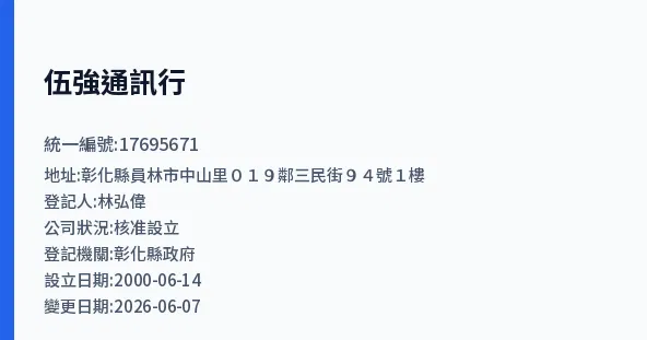 伍強通訊行的照片-統編 17695671(彰化縣) 公司登記資料與營業項目詳細圖表