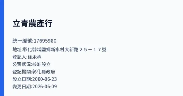 立青農產行的照片-統編 17695980(彰化縣) 公司登記資料與營業項目詳細圖表