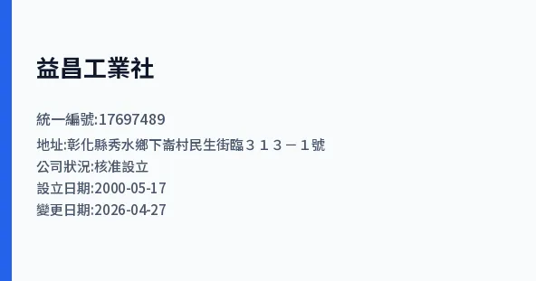 益昌工業社的照片-統編 17697489(彰化縣) 公司登記資料與營業項目詳細圖表