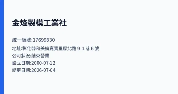 金烽製模工業社的照片-統編 17699830(彰化縣) 公司登記資料與營業項目詳細圖表