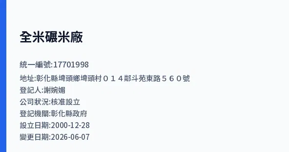 全米碾米廠的照片-統編 17701998(彰化縣) 公司登記資料與營業項目詳細圖表