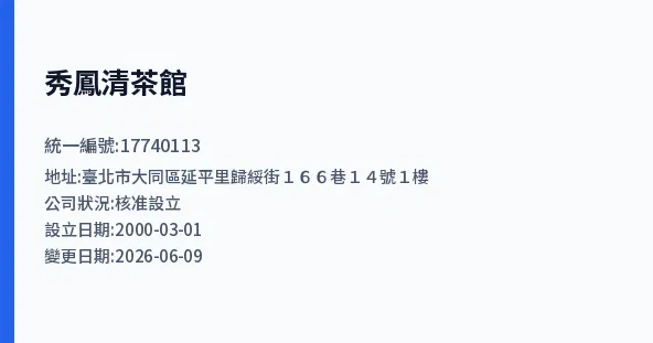 秀鳳清茶館的照片-統編 17740113(臺北市) 公司登記資料與營業項目詳細圖表