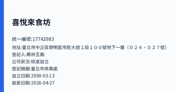 喜悅來食坊的照片-統編 17742983(臺北市) 公司登記資料與營業項目詳細圖表