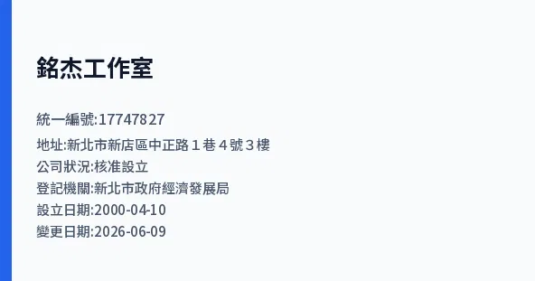 銘杰工作室的照片-統編 17747827(新北市) 公司登記資料與營業項目詳細圖表