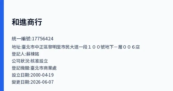 和進商行的照片-統編 17756424(臺北市) 公司登記資料與營業項目詳細圖表