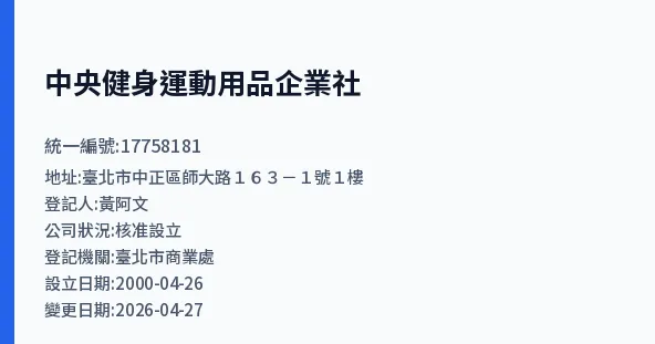 中央健身運動用品企業社的照片-統編 17758181(臺北市) 公司登記資料與營業項目詳細圖表