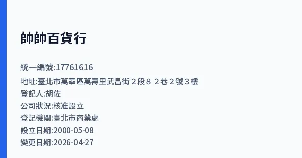 帥帥百貨行的照片-統編 17761616(臺北市) 公司登記資料與營業項目詳細圖表