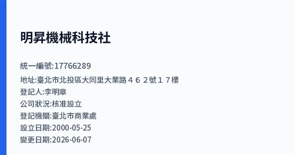 明昇機械科技社的照片-統編 17766289(臺北市) 公司登記資料與營業項目詳細圖表
