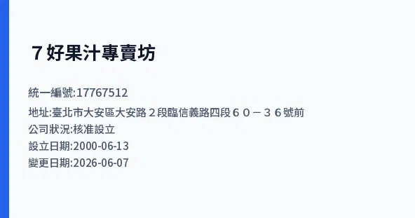 7好果汁專賣坊的照片-統編 17767512(臺北市) 公司登記資料與營業項目詳細圖表