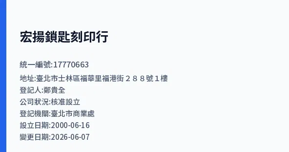 宏揚鎖匙刻印行的照片-統編 17770663(臺北市) 公司登記資料與營業項目詳細圖表