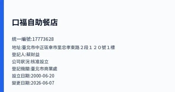 口福自助餐店的照片-統編 17773628(臺北市) 公司登記資料與營業項目詳細圖表