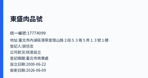 東盛肉品號的照片-統編 17774099(臺北市) 公司登記資料與營業項目詳細圖表