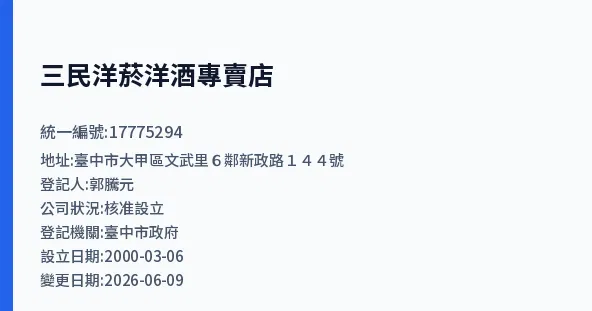 三民洋菸洋酒專賣店的照片-統編 17775294(臺中市) 公司登記資料與營業項目詳細圖表