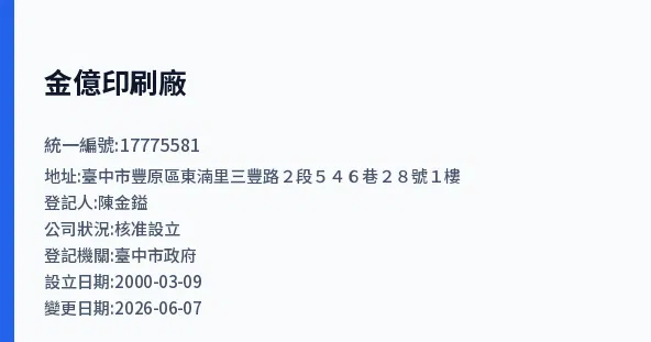 金億印刷廠的照片-統編 17775581(臺中市) 公司登記資料與營業項目詳細圖表