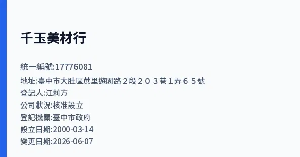 千玉美材行的照片-統編 17776081(臺中市) 公司登記資料與營業項目詳細圖表