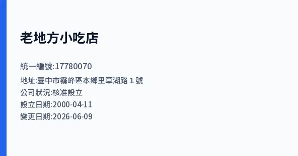 老地方小吃店的照片-統編 17780070(臺中市) 公司登記資料與營業項目詳細圖表