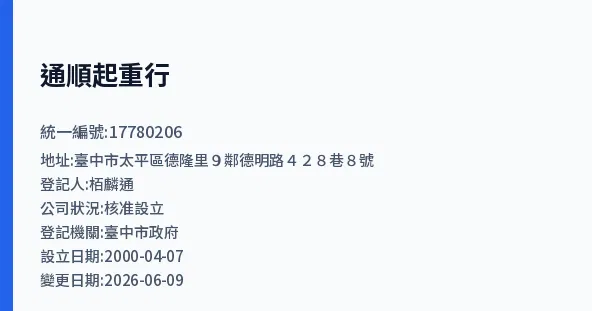通順起重行的照片-統編 17780206(臺中市) 公司登記資料與營業項目詳細圖表