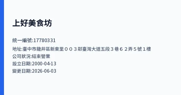 上好美食坊的照片-統編 17780331(臺中市) 公司登記資料與營業項目詳細圖表