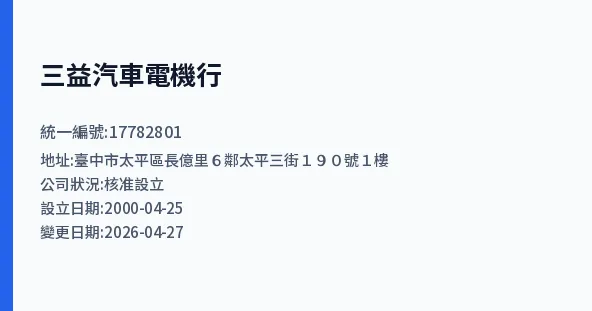 三益汽車電機行的照片-統編 17782801(臺中市) 公司登記資料與營業項目詳細圖表