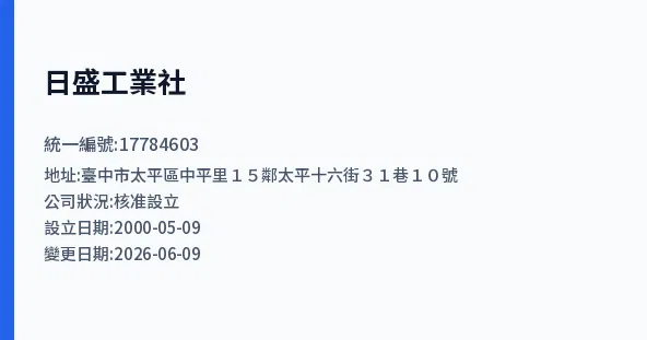 日盛工業社的照片-統編 17784603(臺中市) 公司登記資料與營業項目詳細圖表