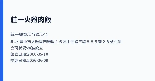 莊一火雞肉飯的照片-統編 17785244(臺中市) 公司登記資料與營業項目詳細圖表