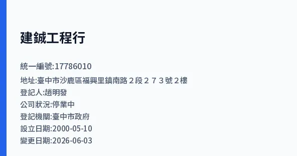 建鋮工程行的照片-統編 17786010(臺中市) 公司登記資料與營業項目詳細圖表
