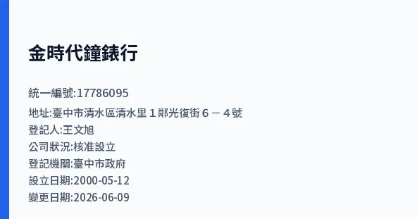金時代鐘錶行的照片-統編 17786095(臺中市) 公司登記資料與營業項目詳細圖表