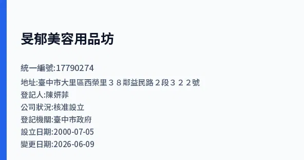 旻郁美容用品坊的照片-統編 17790274(臺中市) 公司登記資料與營業項目詳細圖表