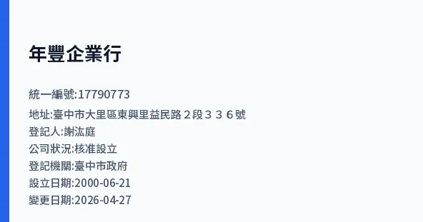 年豐企業行的照片-統編 17790773(臺中市) 公司登記資料與營業項目詳細圖表