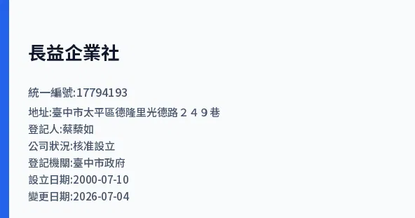 長益企業社的照片-統編 17794193(臺中市) 公司登記資料與營業項目詳細圖表
