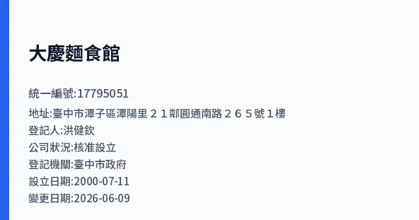 大慶麵食館的照片-統編 17795051(臺中市) 公司登記資料與營業項目詳細圖表