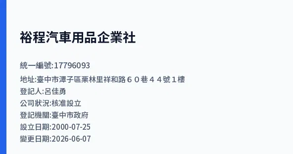 裕程汽車用品企業社的照片-統編 17796093(臺中市) 公司登記資料與營業項目詳細圖表