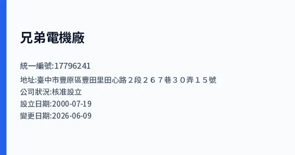 兄弟電機廠的照片-統編 17796241(臺中市) 公司登記資料與營業項目詳細圖表
